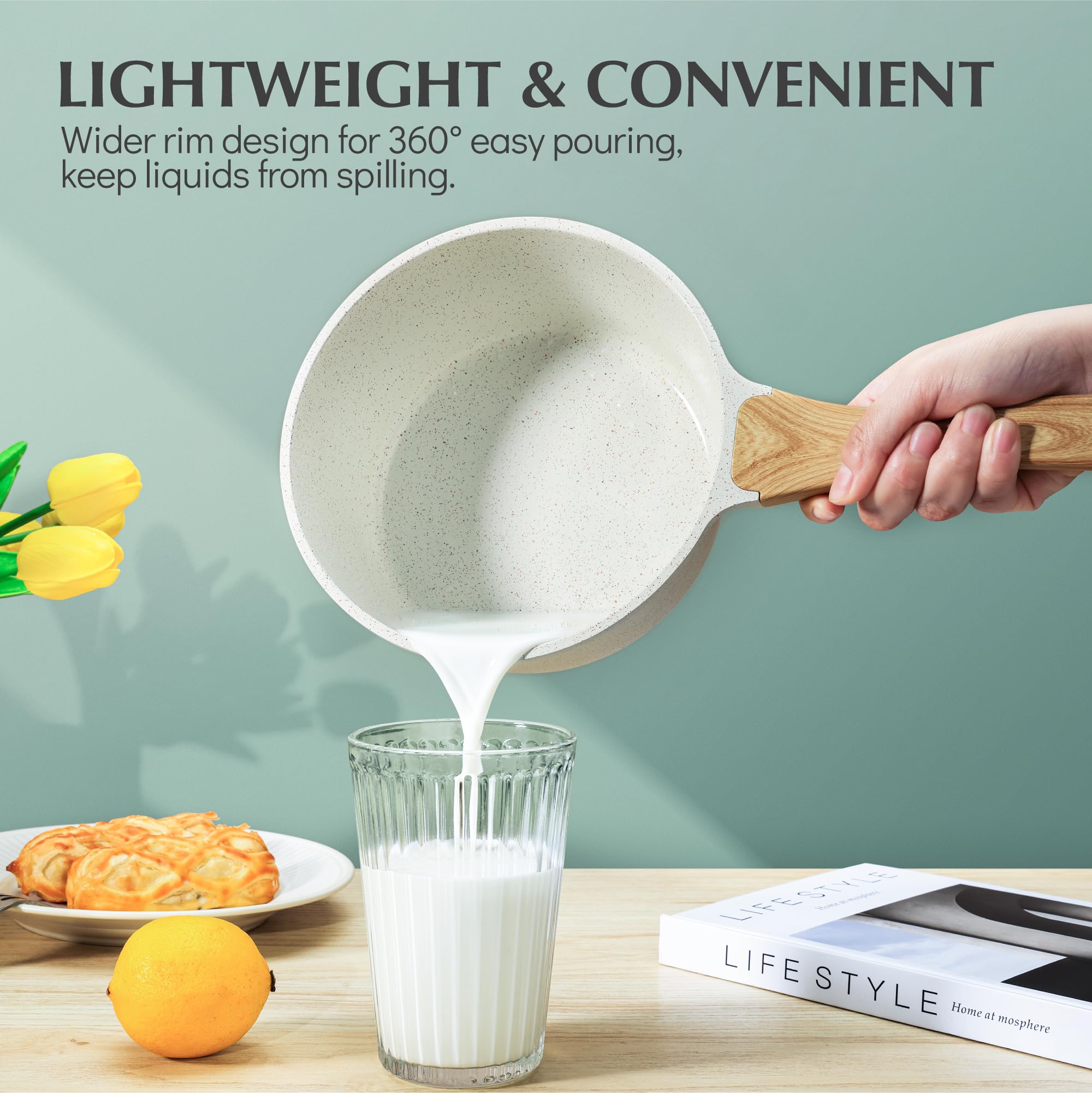 SENSARTE White Ceramic Nonstick Saucepan with Lid 1.5 Quarts, Small Cooking Pot with Stay Cool Handle, Induction Compatible Saucepot, White Granite Coating, PFOA/PFAS Free