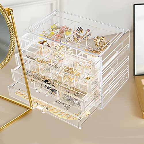 Weiai Acrylic Jewelry Box 4 Drawers, 72 Grids Clear Jewelry Organizer with Adjustable Dividers, Large Capacity Earring Ring Gift Boxes