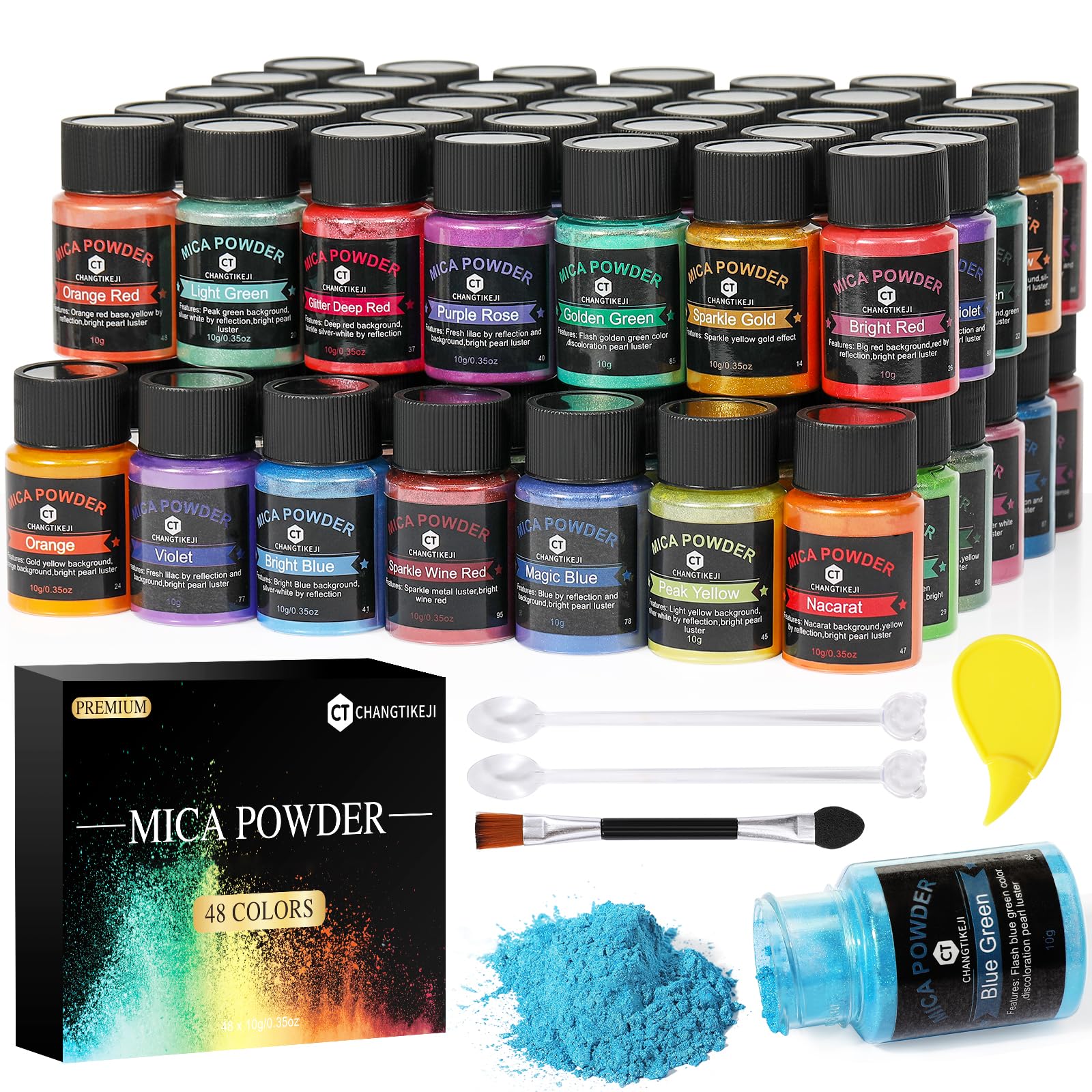CHANGTIKEJI Mica Powder,48 Colors - 10g/Bottle of Natural Pigment Powder for Epoxy Resin,Soap Making,Candle Making,Lip Gloss,Car Freshies,Dye,Nail Polish,Bath Bombs