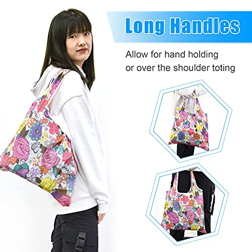 MRYUWB 6 Pcs Set Reusable Grocery Bags, Foldable Shopping Bags, Large Groceries Bags with Pouch Bulk, Ripstop, Easy Carrying,Waterproof, Eco-Friendly, Machine Washable Nylon Tote Bag (Shiny Flowers)