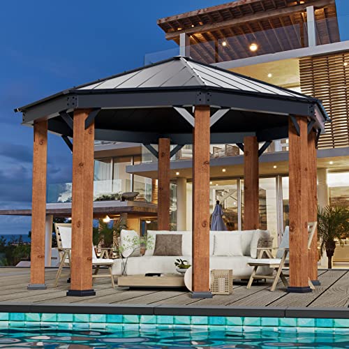 Erinnyees 15' x 15' Gazebo, Hardtop Gazebo Wood-Looking Octagon Gazebo with Galvanized Steel Double Roof, Aluminum Frame, Outdoor Patio Gazebo for Deck, Backyard, Patio, Lawns