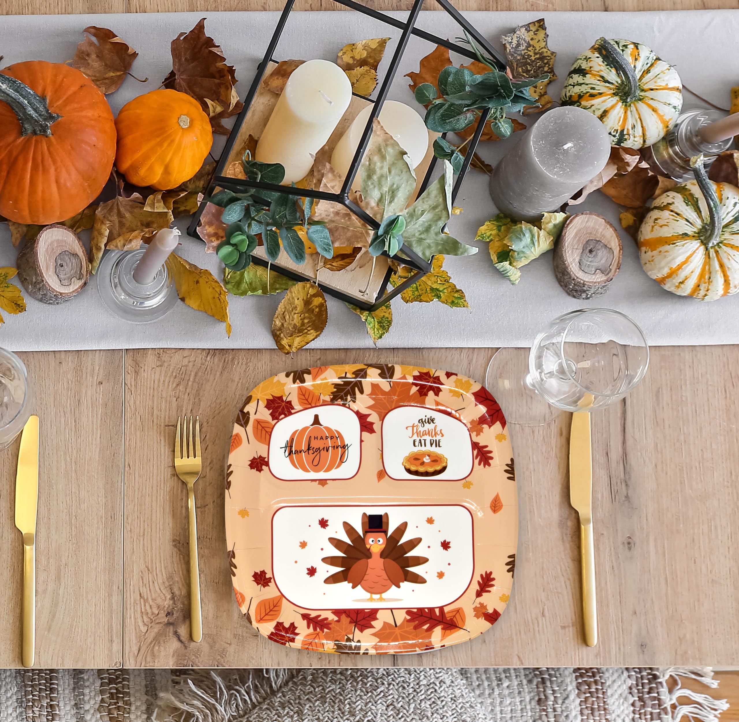 Gift Boutique 24 Pack Thanksgiving Divided Dinner Plate 9 inch Square 3 Section Plates for Fall Autumn Harvest Party Supply Disposable Paper Dinner Table Decorations with Turkey Pumpkin Leaf Design