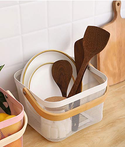 AJIODA 2 Pack Metal Mesh Steel Basket, Storage Organizer Basket Multi-function Hanging Kitchen Baskets Fruit Basket Bin with Wood Handle for Kitchen Bathroom Picnic Cabinet Home Decor, White
