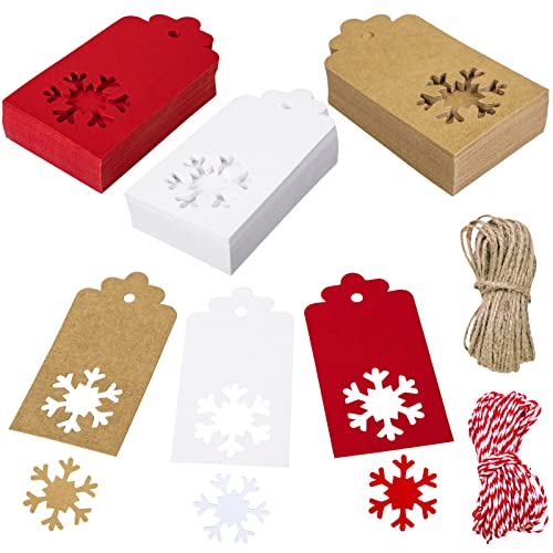 Christmas Tags for Gifts 150 Pcs Holiday Gift Tags with String, Christmas Name Tags Labels Hollow Snowflake Christmas Gift Wrap Kraft Paper Crafts Party Supply with 100 Feet Twine（Red White Kraft）
