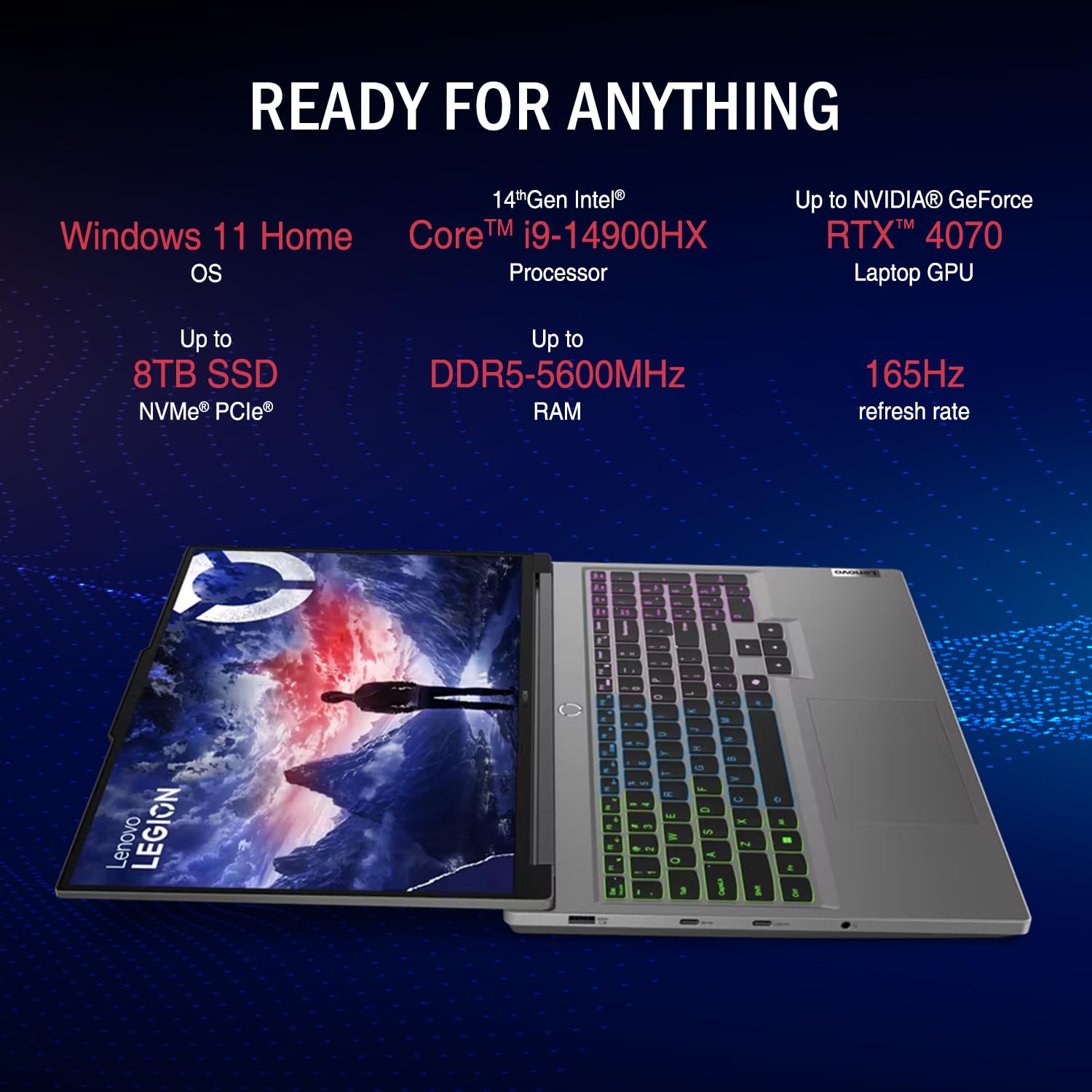 Lenovo Legion Gaming Laptop, 16" QHD+ (2560 x 1600) 165 Hz, Intel i9-14900HX, NVIDIA GeForce RTX 4070, 64GB RAM, 1TB SSD, RGB Backlit Keyboard, Windows 11 Home