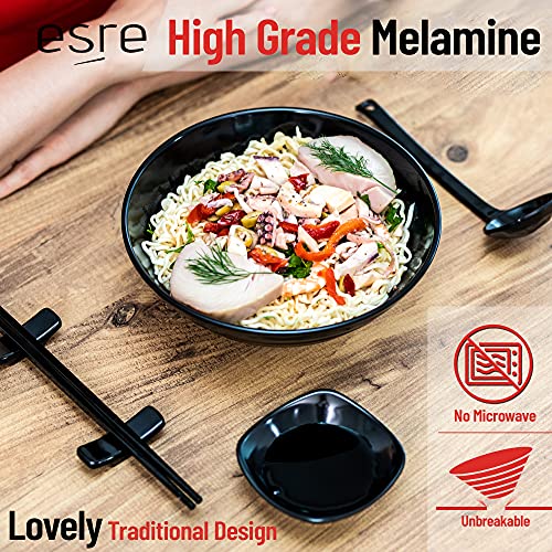 ESRE 2 sets (12 pieces) 37 oz Japanese Ramen Bowl with Chopsticks and Spoons | Asian Chinese Large Ramen Noodle Bowl | Dinnerware Ramen bowl set and Pho Bowl (Black)
