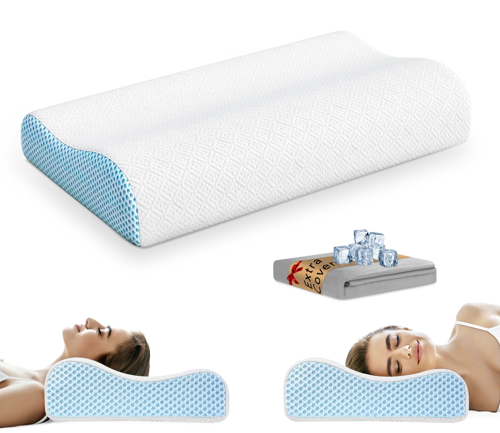 Neck Pillow Memory Foam, Neck/Shoulder Pain Relief, with Replacement PillowcasećCooling Ice Silk&Cottonć Cervical Sleeping Pillow Neck Contour Support Bed Pillow for Side Back Stomach Sleeper