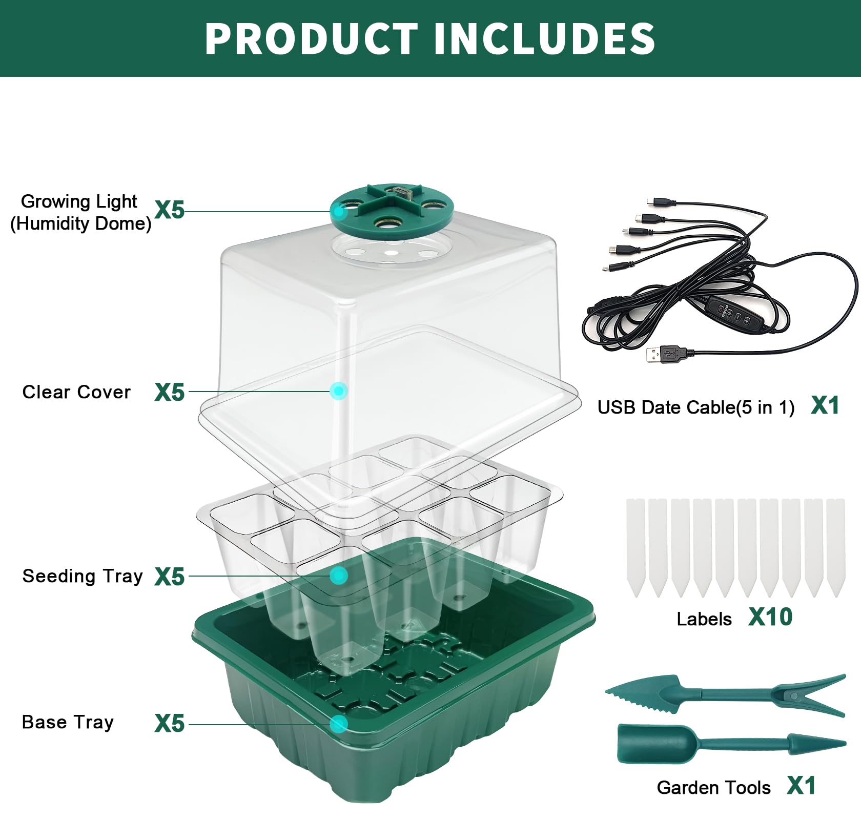 Seed Starter Tray, Plant Propagation Station with Grow Light, Seedling Starter Trays with Timing Controller, Mini Greenhouse Kit with Humidity Domes and Base, Plant Tray for Seeds Growing Starting