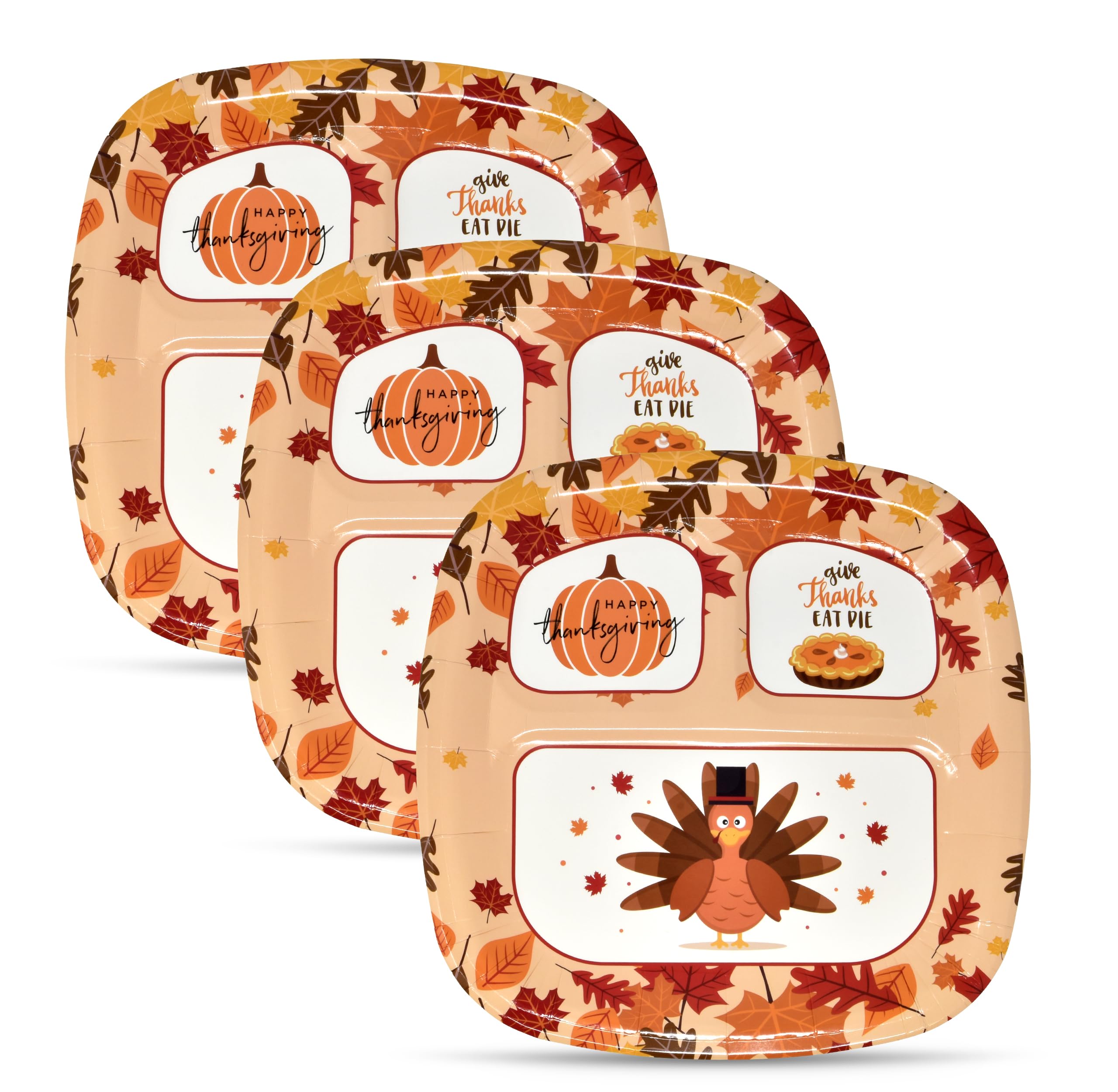 Gift Boutique 24 Pack Thanksgiving Divided Dinner Plate 9 inch Square 3 Section Plates for Fall Autumn Harvest Party Supply Disposable Paper Dinner Table Decorations with Turkey Pumpkin Leaf Design