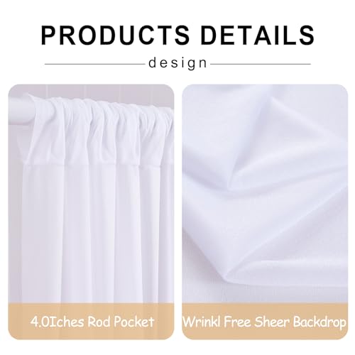 20x10ft White Sheer Backdrop Curtains with Lights for Parties, Wrinkle Resistant Backdrop Curtain for Baby Shower Birthday Wedding Photo, 4 Pack 5x10FT Curtains