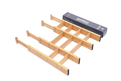 BamBamBoo Adjustable 17-22in Bamboo Dividers Organizers with 9 Inserts, Expandable Spring Loaded Drawer Dividers for Kitchen, Dresser, Bedroom, Bathroom, Office, and Garage (4 Pack)
