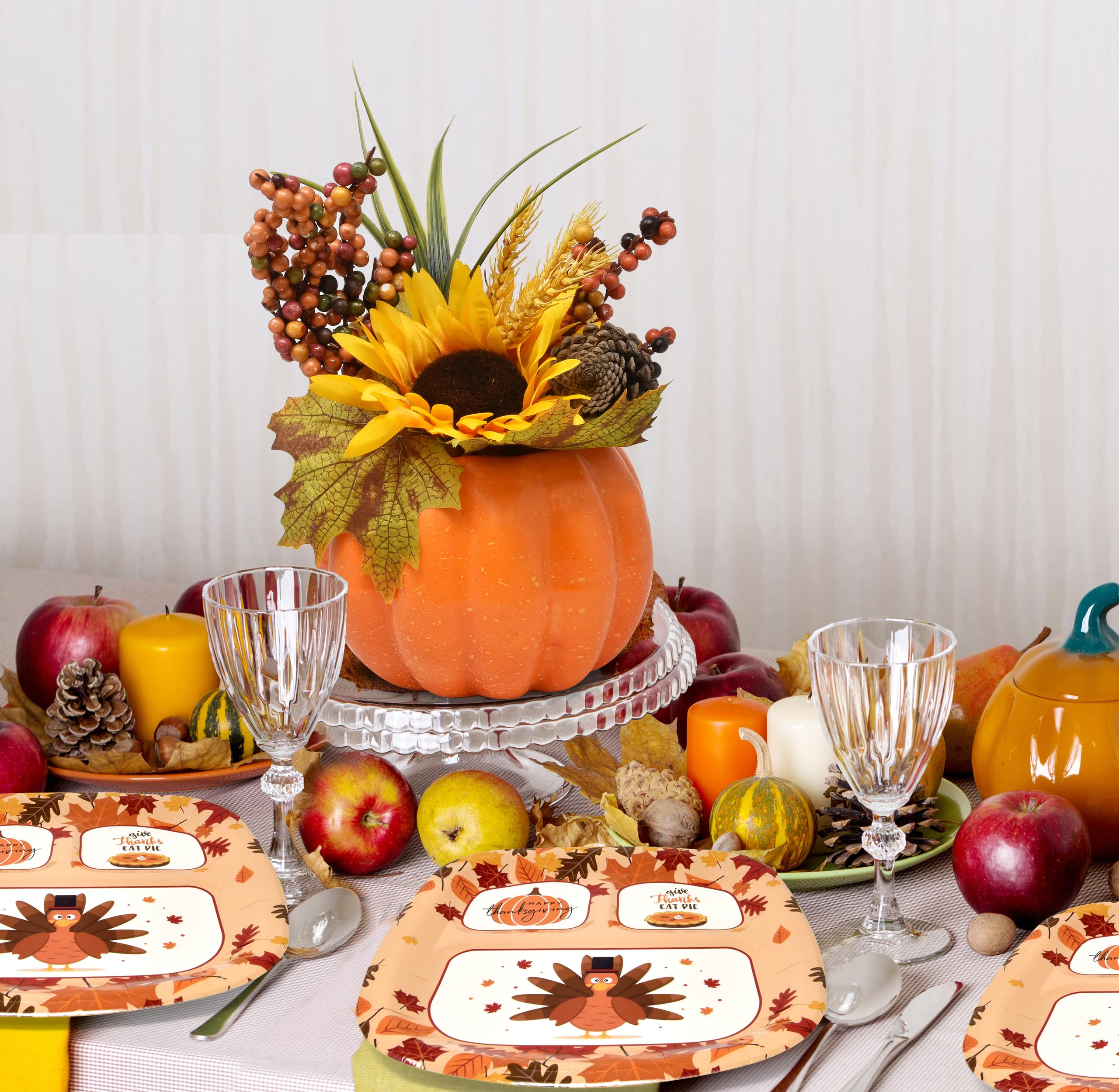 Gift Boutique 24 Pack Thanksgiving Divided Dinner Plate 9 inch Square 3 Section Plates for Fall Autumn Harvest Party Supply Disposable Paper Dinner Table Decorations with Turkey Pumpkin Leaf Design