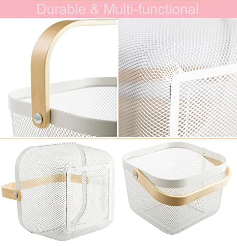 AJIODA 2 Pack Metal Mesh Steel Basket, Storage Organizer Basket Multi-function Hanging Kitchen Baskets Fruit Basket Bin with Wood Handle for Kitchen Bathroom Picnic Cabinet Home Decor, White