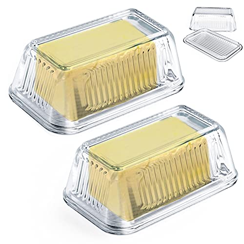 ZEAYEA 2 Pack Glass Butter Dish with Lid, Glass Butter Keeper, 100% Food Safe Clear Butter Serving Dish with Cover for Cream Cheese, Cake, Salad, Candy, Hold 2 Standard Stick Butter