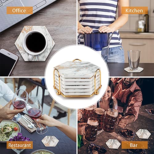 Marble Coasters for Drinks Absorbent with Cork Base, 6 Pcs Drink Coasters for Wooden Table with Metal Holder, Gold Ceramic Cup Coaster Set Rustic Home Decor for Living Room Bar - Housewarming Gifts
