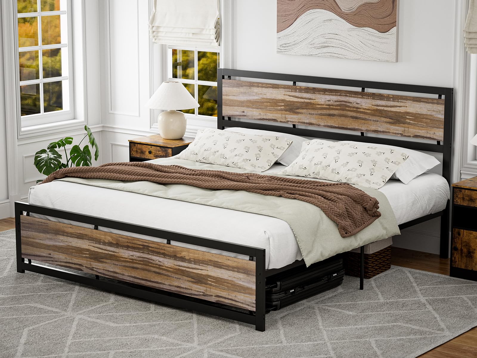 AOVSA Metal King Size Bed Frame, Industrial Platform Bed Frame with Rustic Vintage Wooden Headboard Footboard, Strong Metal Slats Support, No Box Spring Needed, Easy Assembly, Light Brown