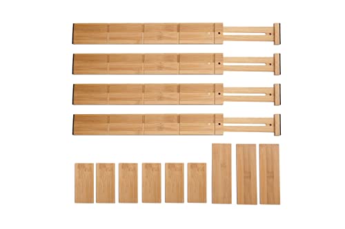 BamBamBoo Adjustable 17-22in Bamboo Dividers Organizers with 9 Inserts, Expandable Spring Loaded Drawer Dividers for Kitchen, Dresser, Bedroom, Bathroom, Office, and Garage (4 Pack)