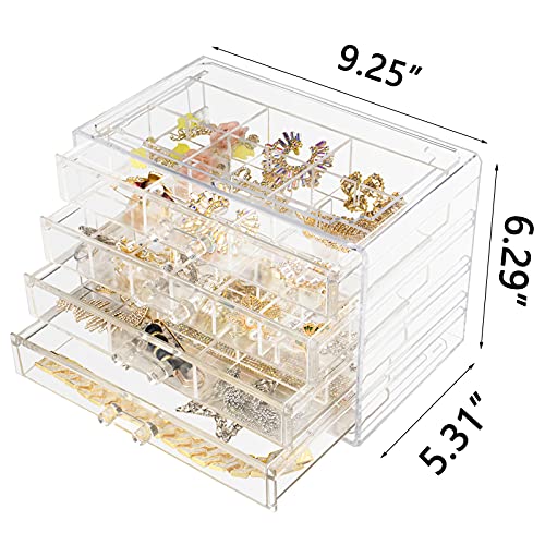 Weiai Acrylic Jewelry Box 4 Drawers, 72 Grids Clear Jewelry Organizer with Adjustable Dividers, Large Capacity Earring Ring Gift Boxes