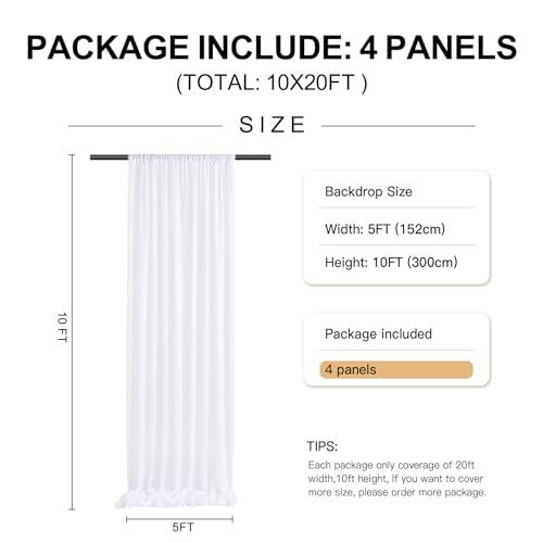 20x10ft White Sheer Backdrop Curtains with Lights for Parties, Wrinkle Resistant Backdrop Curtain for Baby Shower Birthday Wedding Photo, 4 Pack 5x10FT Curtains