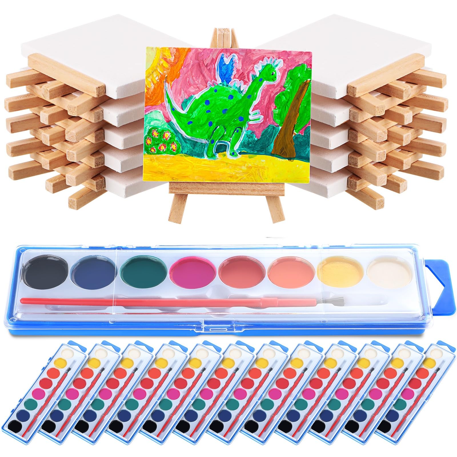 Fuutreo Watercolor Paint Sets 3x4 Mini Canvas Easel Paints Brush Set Kids Art Party Favors and Party Supplies Watercolor Paint Favors Washable Bulk for Kids Birthday Prizes(48 Pcs)