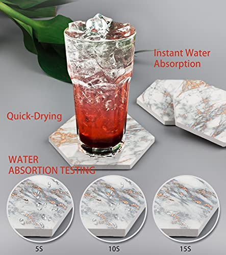 Marble Coasters for Drinks Absorbent with Cork Base, 6 Pcs Drink Coasters for Wooden Table with Metal Holder, Gold Ceramic Cup Coaster Set Rustic Home Decor for Living Room Bar - Housewarming Gifts