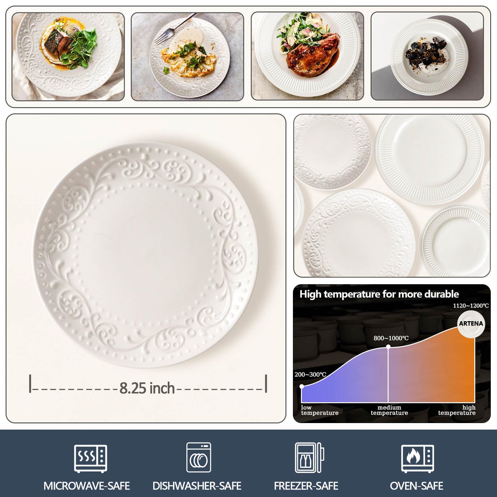 Artena Embossed Ceramic Salad Plates, White Dinner Plates 8.25 inch, Kitchen Plates Set of 4, Pasta Plate for Appetizer, Dessert, Serving Dishes for Entertaining, Party, Microwave/Oven/Dishwasher Safe