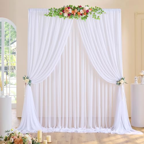 20x10ft White Sheer Backdrop Curtains with Lights for Parties, Wrinkle Resistant Backdrop Curtain for Baby Shower Birthday Wedding Photo, 4 Pack 5x10FT Curtains