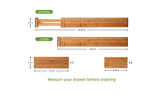 BamBamBoo Adjustable 17-22in Bamboo Dividers Organizers with 9 Inserts, Expandable Spring Loaded Drawer Dividers for Kitchen, Dresser, Bedroom, Bathroom, Office, and Garage (4 Pack)