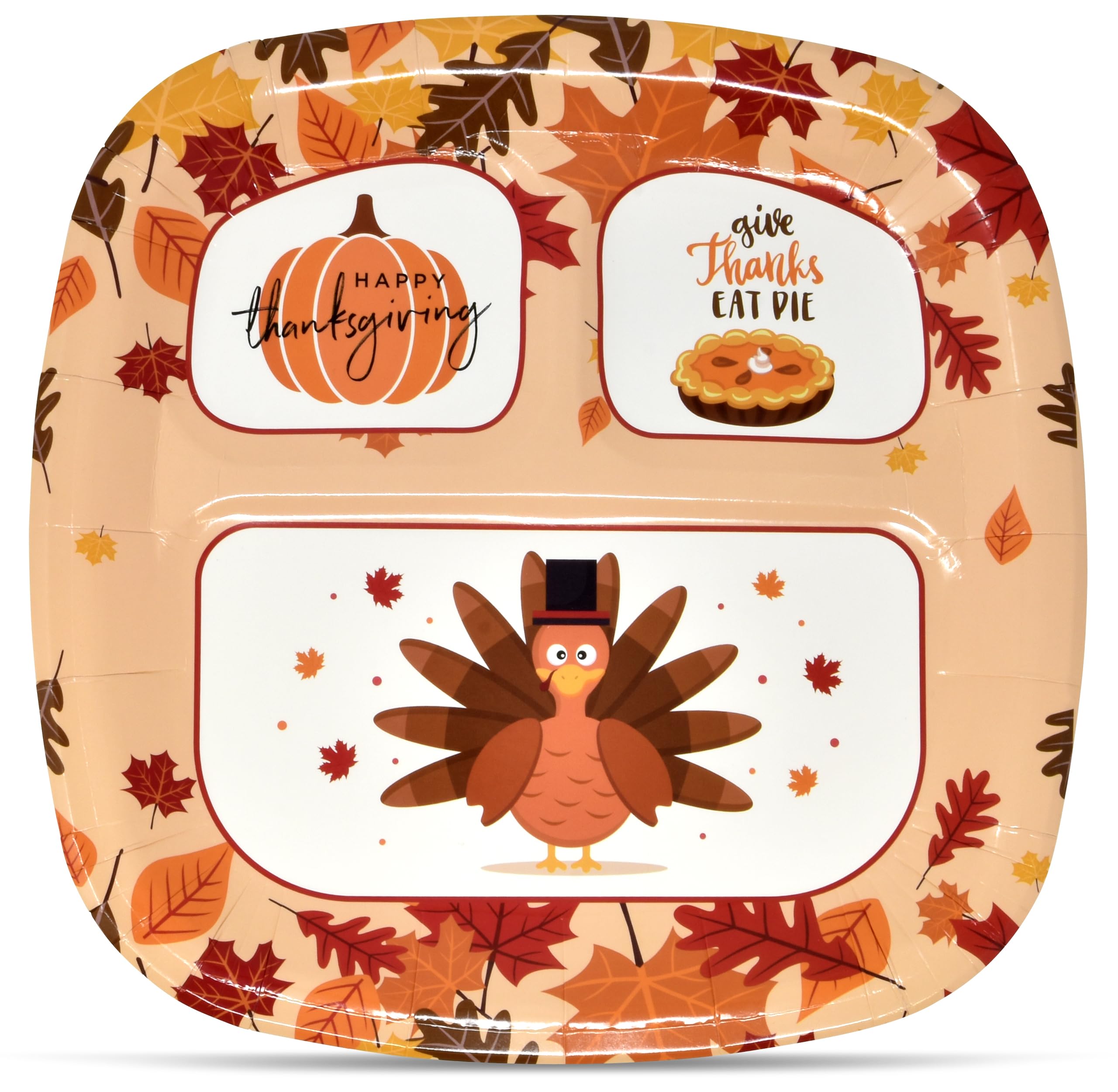 Gift Boutique 24 Pack Thanksgiving Divided Dinner Plate 9 inch Square 3 Section Plates for Fall Autumn Harvest Party Supply Disposable Paper Dinner Table Decorations with Turkey Pumpkin Leaf Design