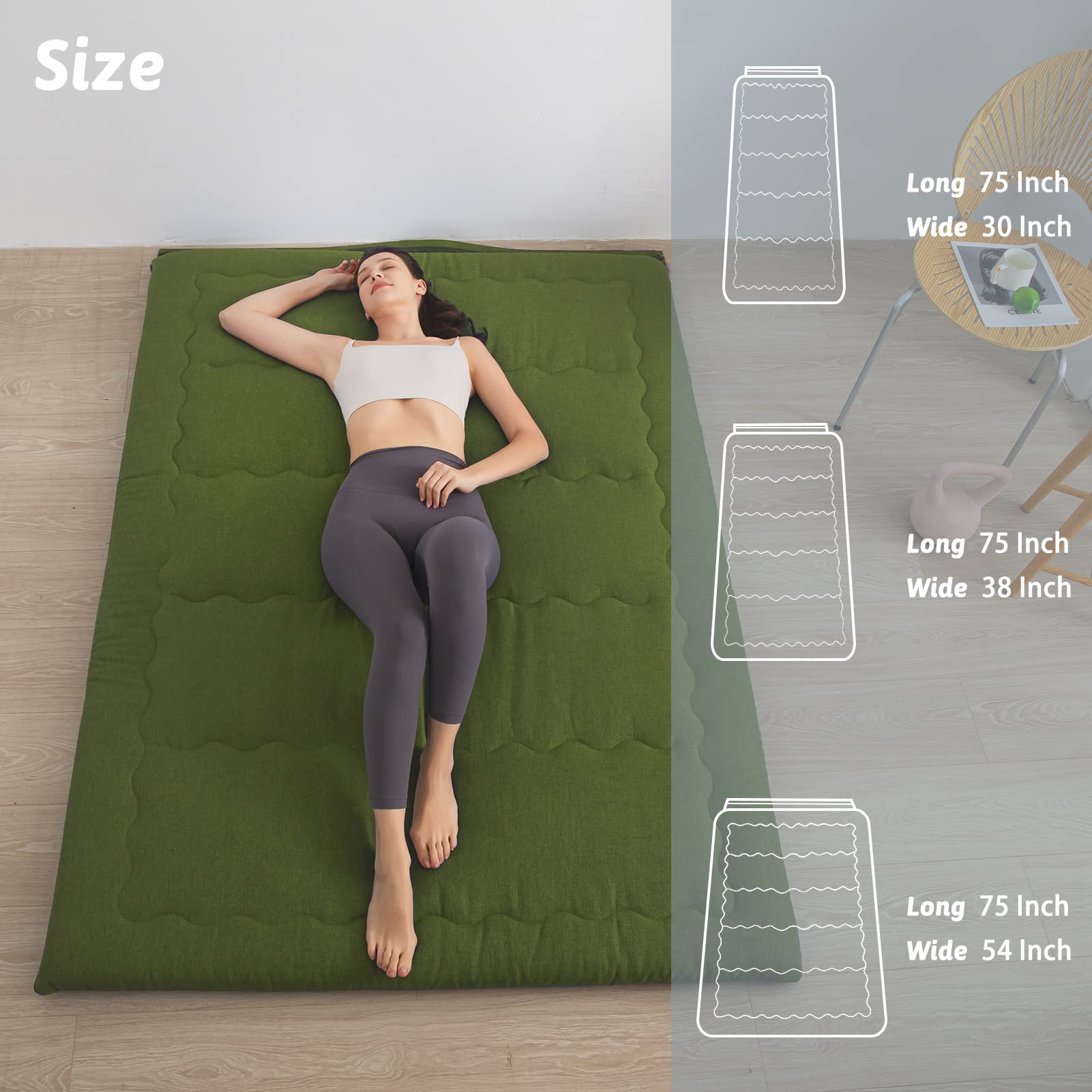 MAXYOYO Roll Up Mattress Sleeping Mat, Floor Futon Mattress for Outdoor Indoor, Upgraded Portable and Foldable Mattress, Green Full Mattress, 75x54 Inch