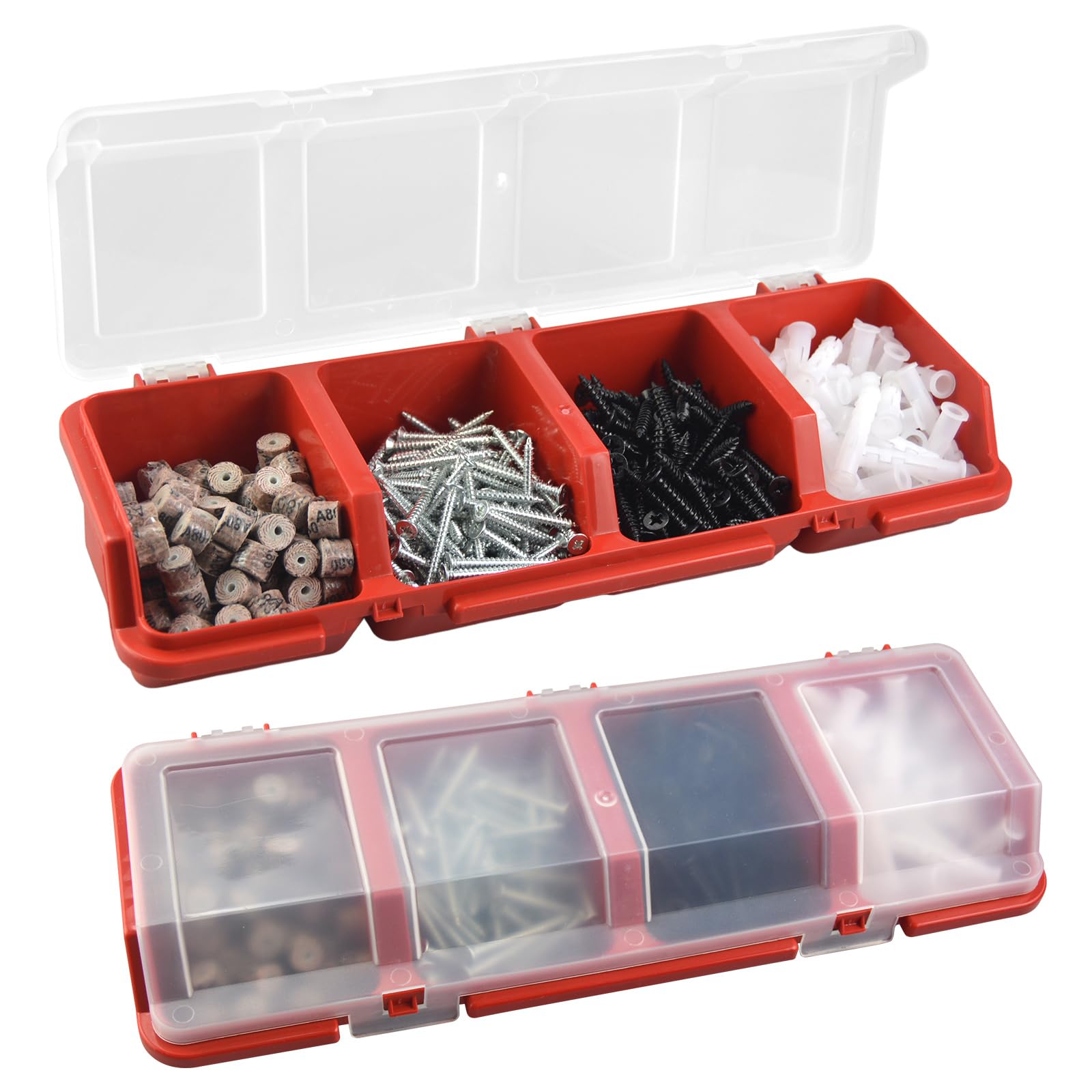 Screw Organizer Storage Bins, 2 Pack Stackable Bins with Lids, Divider Compartment Containers for Garage/Craft Tool Organizing, Tool Cart Cabinet Workbench Drawers Organization and Storage (Red)