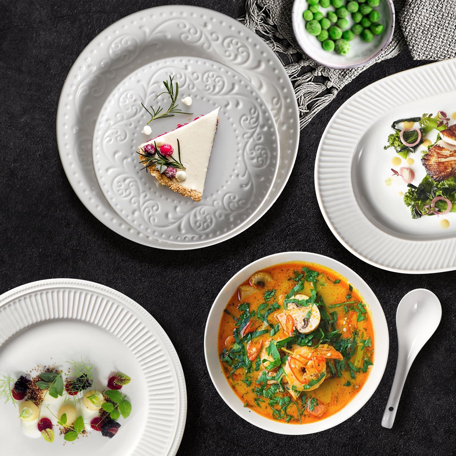 Artena Embossed Ceramic Salad Plates, White Dinner Plates 8.25 inch, Kitchen Plates Set of 4, Pasta Plate for Appetizer, Dessert, Serving Dishes for Entertaining, Party, Microwave/Oven/Dishwasher Safe