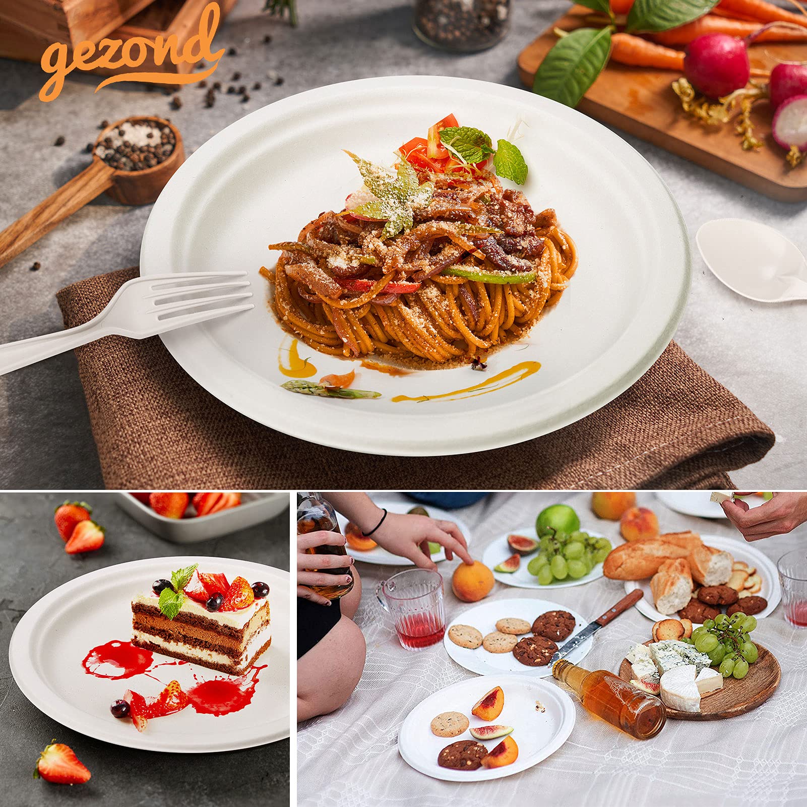 Gezond Compostable Paper Plates 250pcs Disposable Plates Heavy-Duty Paper Plates Biodegradable White Plates for Party Sugarcane Plates Cornstarch Forks Knives Spoons for 50 Guests