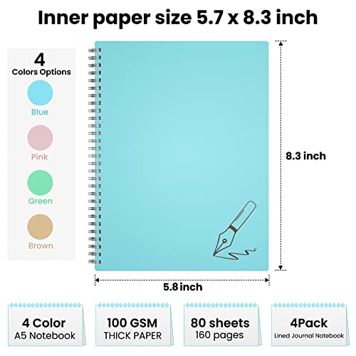 SOILHQ 4 Pack Spiral Notebook - A5 Lined Journal Notebook 7mm College Ruled Paper 5.7 x 8.3 inches Notebooks for School 80 Sheets/160 Pages,Journals for Work,Study and Notes