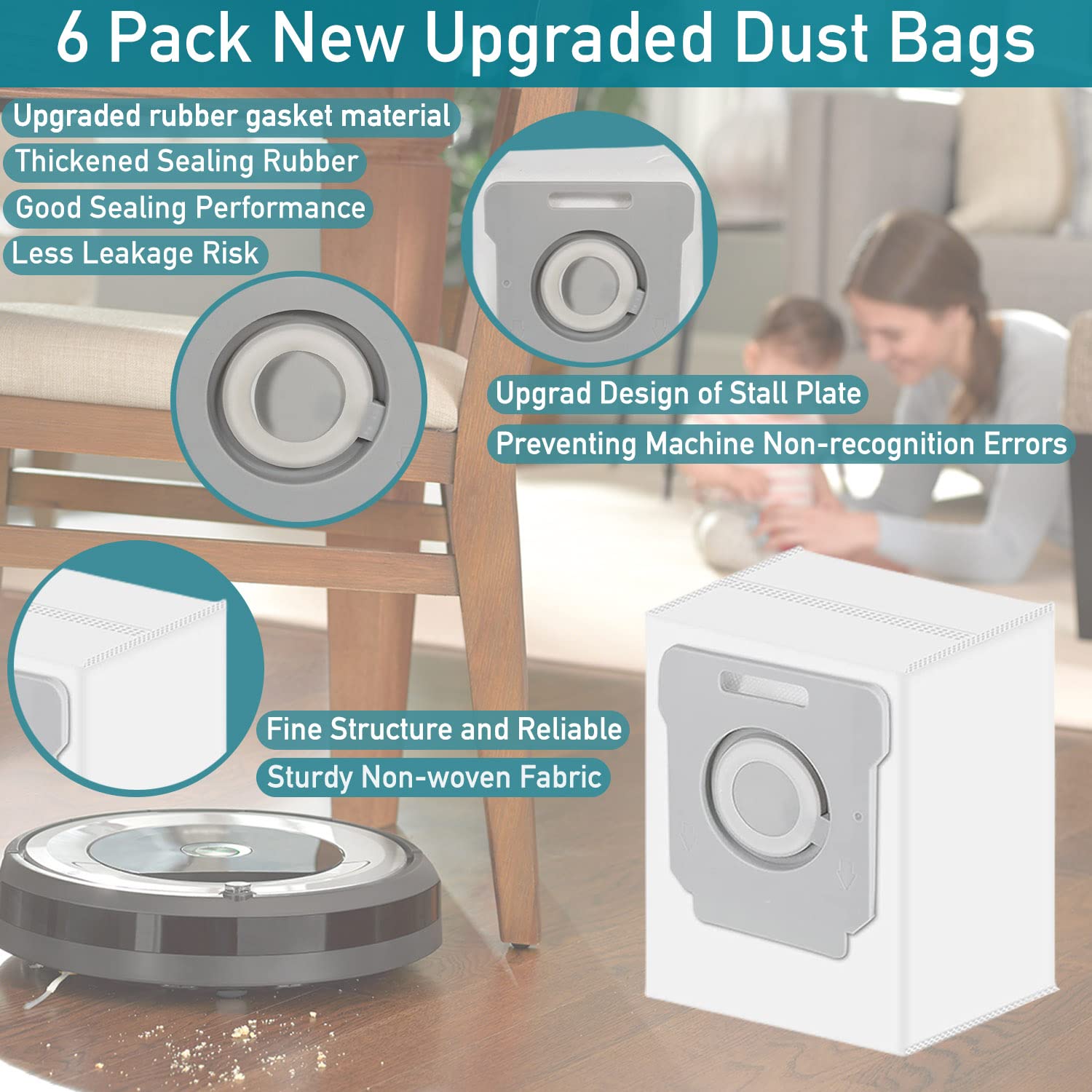 NEACUTE Vacuum Cleaner Attachments Replacement Parts - Compatible for iRobot Roomba i3 i4 i6 i7 i8 i8 E5 E6 E7 &J7, 2 Roller Brushes, 6 HEPA Filters, 6 Side Brushes, 6 Dust Bags