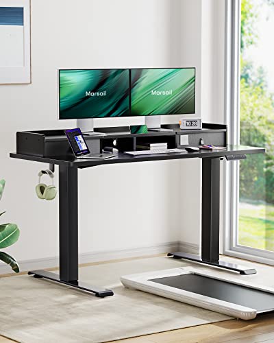 Marsail Electric Standing Desk with Dual Drawers, 55 x 24 Inches Height Adjustable Desk with Storage Shelf, Sit Stand Desk with 4 Memory Preset, 2 Storage Hooks, Stand Up Desk for Home Office, Black