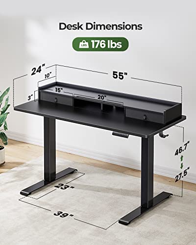 Marsail Electric Standing Desk with Dual Drawers, 55 x 24 Inches Height Adjustable Desk with Storage Shelf, Sit Stand Desk with 4 Memory Preset, 2 Storage Hooks, Stand Up Desk for Home Office, Black