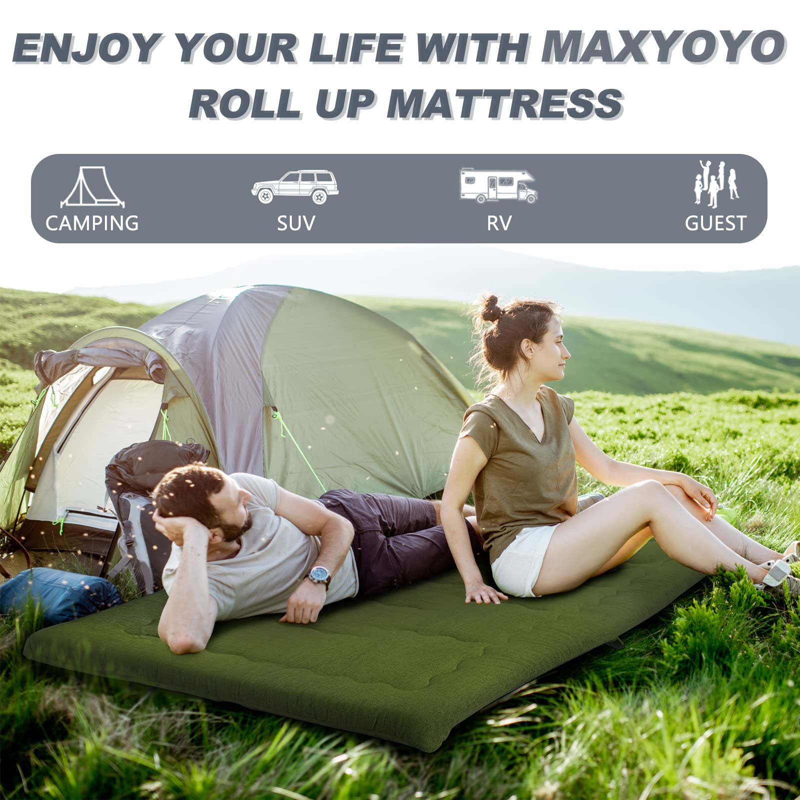 MAXYOYO Roll Up Mattress Sleeping Mat, Floor Futon Mattress for Outdoor Indoor, Upgraded Portable and Foldable Mattress, Green Full Mattress, 75x54 Inch