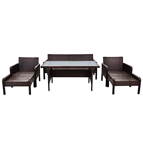 Tensun 6-Piece Outdoor PE Wicker Sofa Set,Patio Rattan Dining Table Set with Removable Cushions and Tempered Glass Tea Table, Sectional Sofa Set for Backyard, Poolside, Deck, Brown Wicker+Blue Cushion