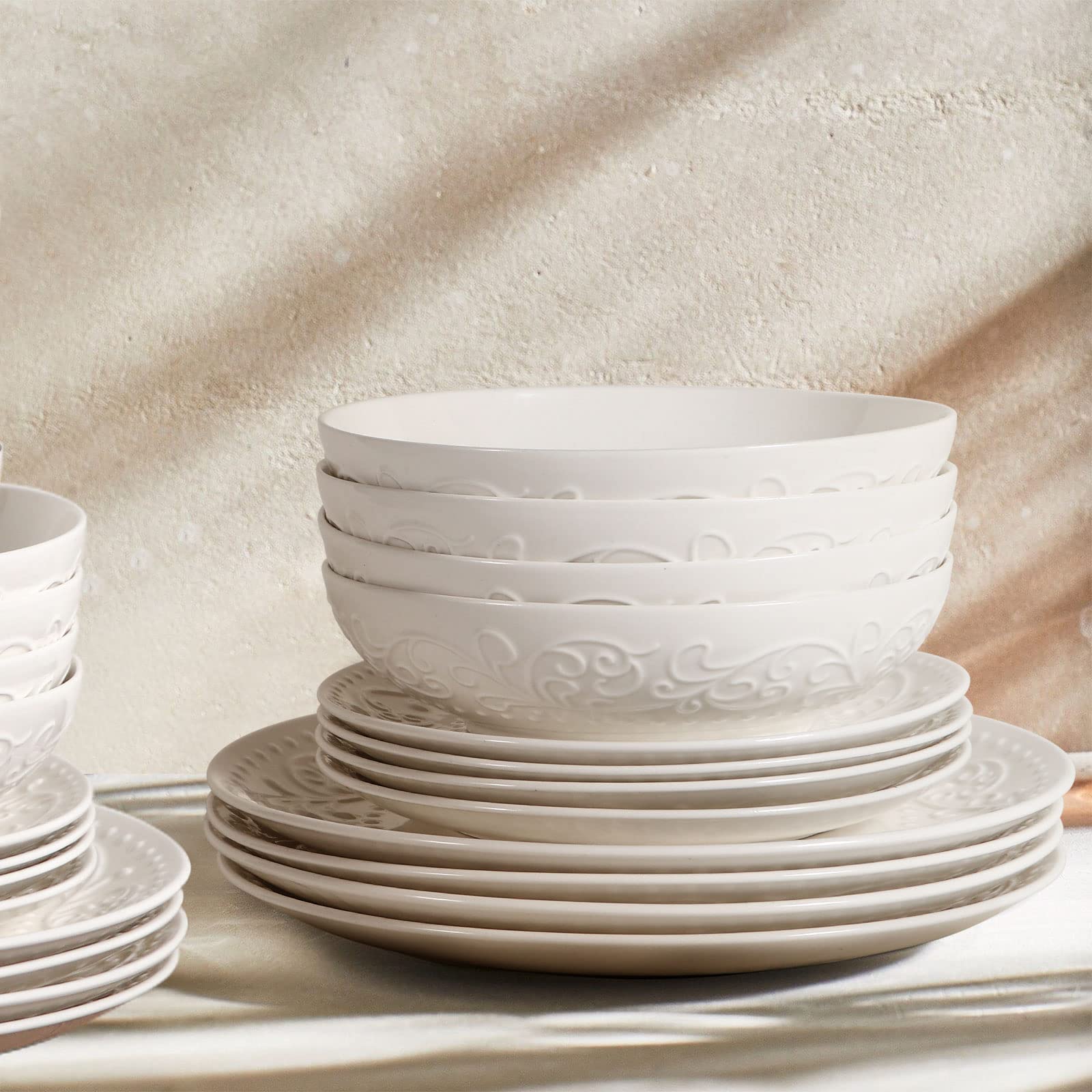 Artena Embossed Ceramic Salad Plates, White Dinner Plates 8.25 inch, Kitchen Plates Set of 4, Pasta Plate for Appetizer, Dessert, Serving Dishes for Entertaining, Party, Microwave/Oven/Dishwasher Safe