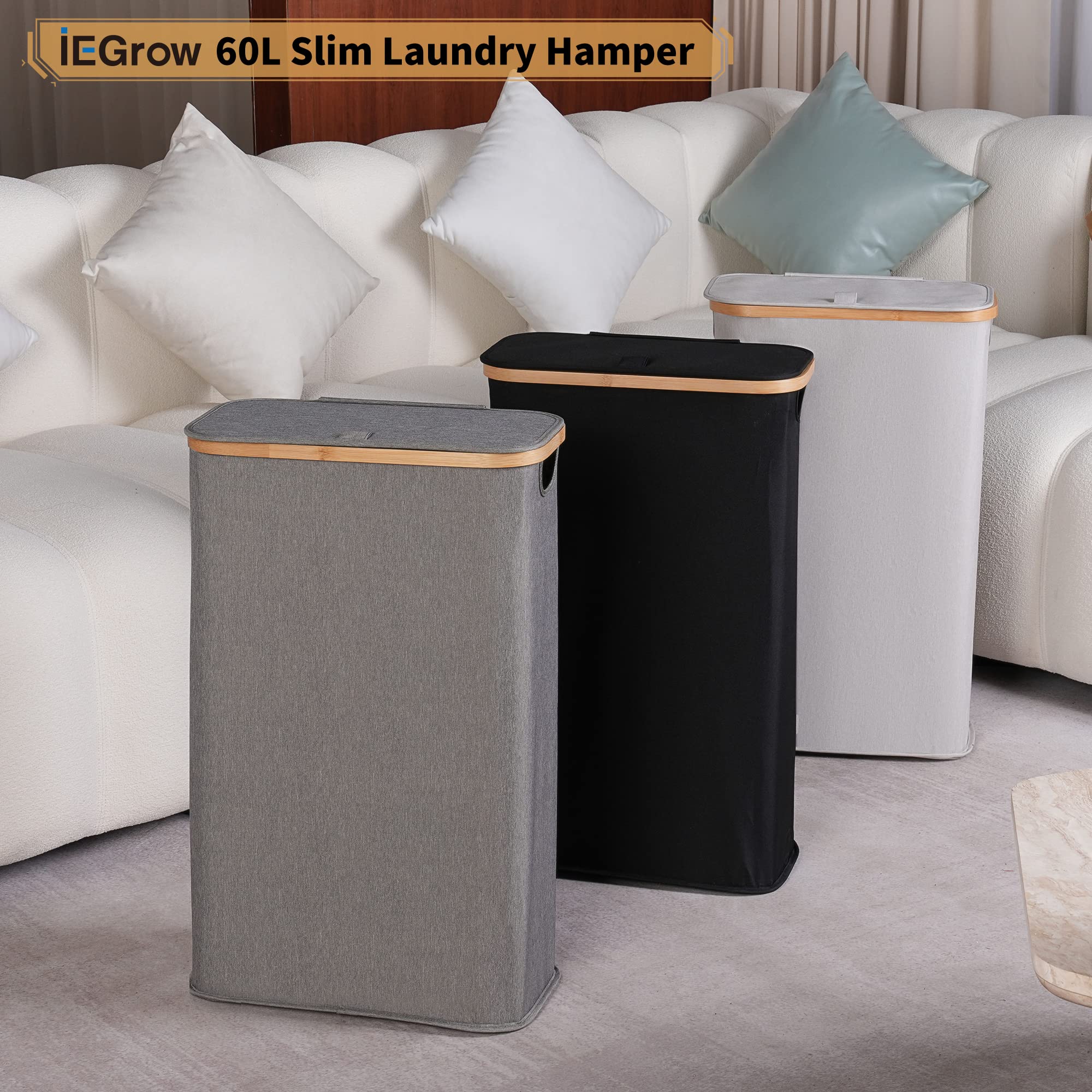 iEGrow 60L Slim Laundry Hamper with Lid,Black Hampers for Laundry,Narrow Laundry Basket with Removable Inner Bag & Bamboo Handles,Tall Thin Clothes Hamper for Clothes Toys Towels Organization