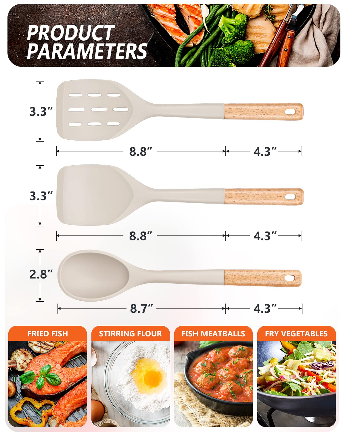 Pack of 3 Silicone Spatula, Non Stick Cooking Utensil Set Wooden Handle Kitchen Turner for Baking Mixing Grilling Serving Food Heat Resistant Non Scratch Hooks Included,Khaki
