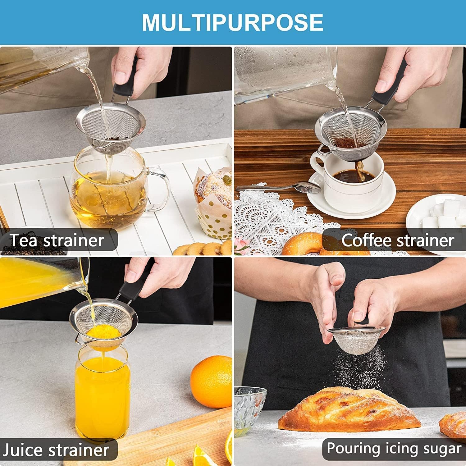 Kafoor Fine Mesh Strainer - 3.4 Inch Round Sieve - Tea Strainers for Loose Tea, Coffee Strainer, Food Strainer, Juice Strainer, and Much More!