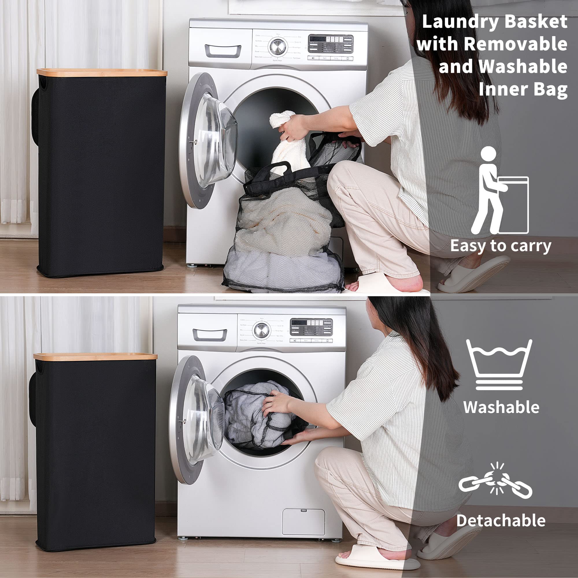 iEGrow 60L Slim Laundry Hamper with Lid,Black Hampers for Laundry,Narrow Laundry Basket with Removable Inner Bag & Bamboo Handles,Tall Thin Clothes Hamper for Clothes Toys Towels Organization