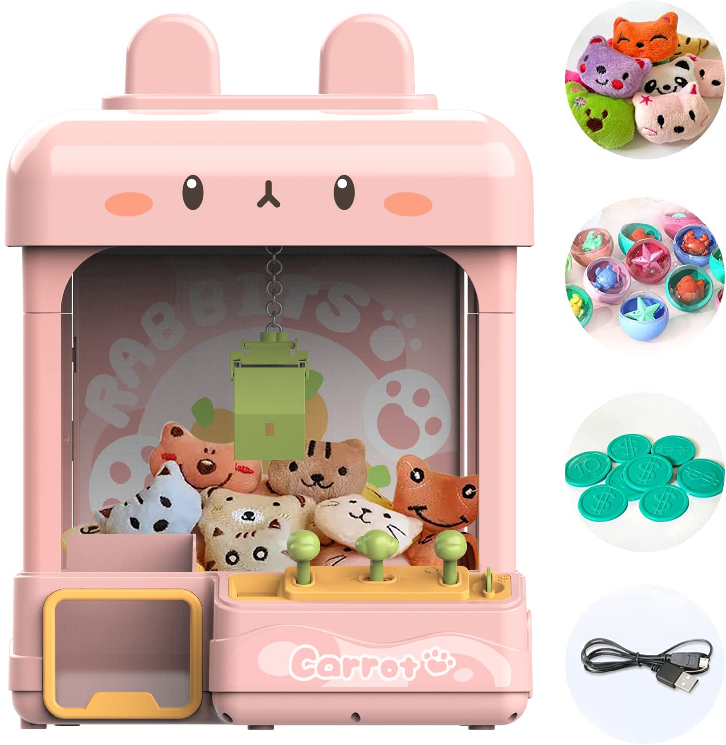 cxjoigxi Large Claw Machine for Kids Adults with Prizes, Adjustable Sound & Light, 2 Power Modes, Mini Candy Crane Vending Machines, Electronic Arcade Game Dispenser Toy for Girls Boys Gift - Bunny