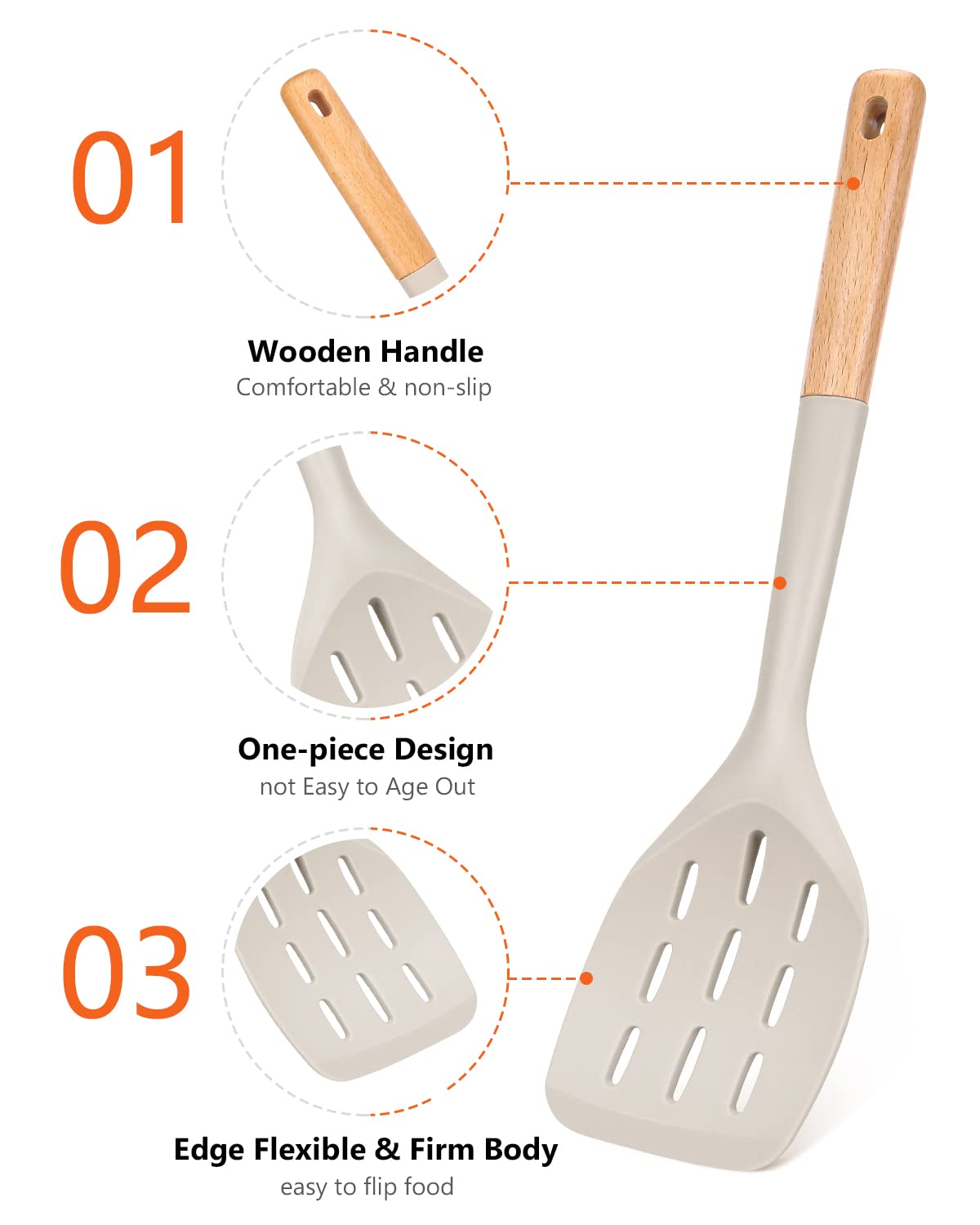 Pack of 3 Silicone Spatula, Non Stick Cooking Utensil Set Wooden Handle Kitchen Turner for Baking Mixing Grilling Serving Food Heat Resistant Non Scratch Hooks Included,Khaki