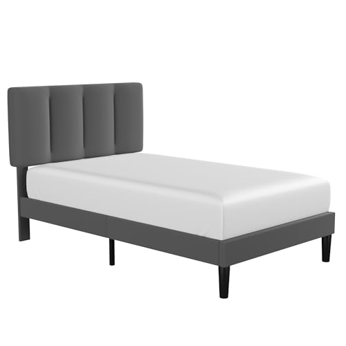 VECELO Twin Bed Frame with Upholstered Headboard, Platform Mattress Foundation with Strong Wooden Slats Support, No Boxing Spring Needed, Easy Assembly, Grey