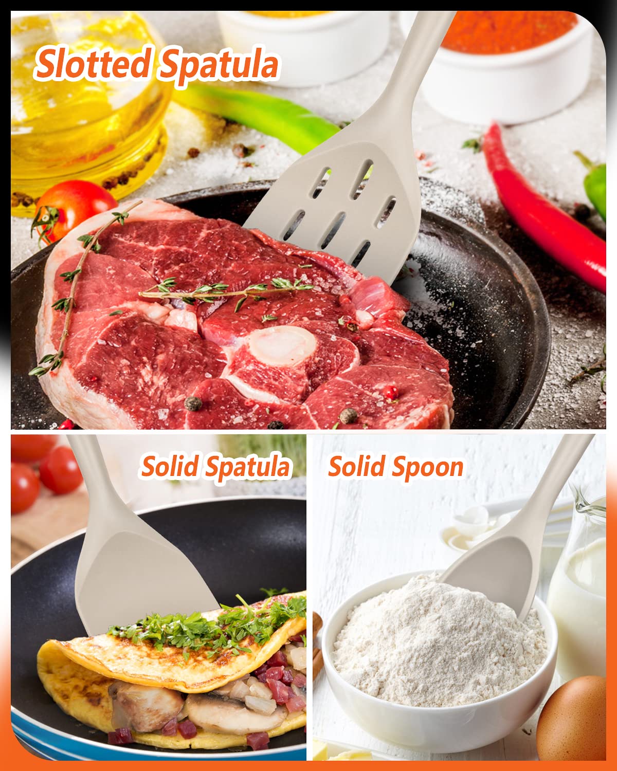 Pack of 3 Silicone Spatula, Non Stick Cooking Utensil Set Wooden Handle Kitchen Turner for Baking Mixing Grilling Serving Food Heat Resistant Non Scratch Hooks Included,Khaki