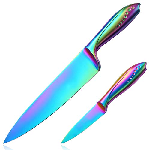 WELLSTAR Chef Knife Set of 2, Razor Sharp German Stainless Steel Blade and Ergonomic Comfortable Handle with Rainbow Titanium Coating, 8β Chef and 3.5β Paring for Kitchen Cutting β Gift Box Pack
