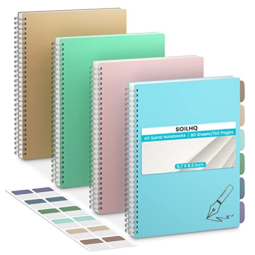 SOILHQ 4 Pack Spiral Notebook - A5 Lined Journal Notebook 7mm College Ruled Paper 5.7 x 8.3 inches Notebooks for School 80 Sheets/160 Pages,Journals for Work,Study and Notes